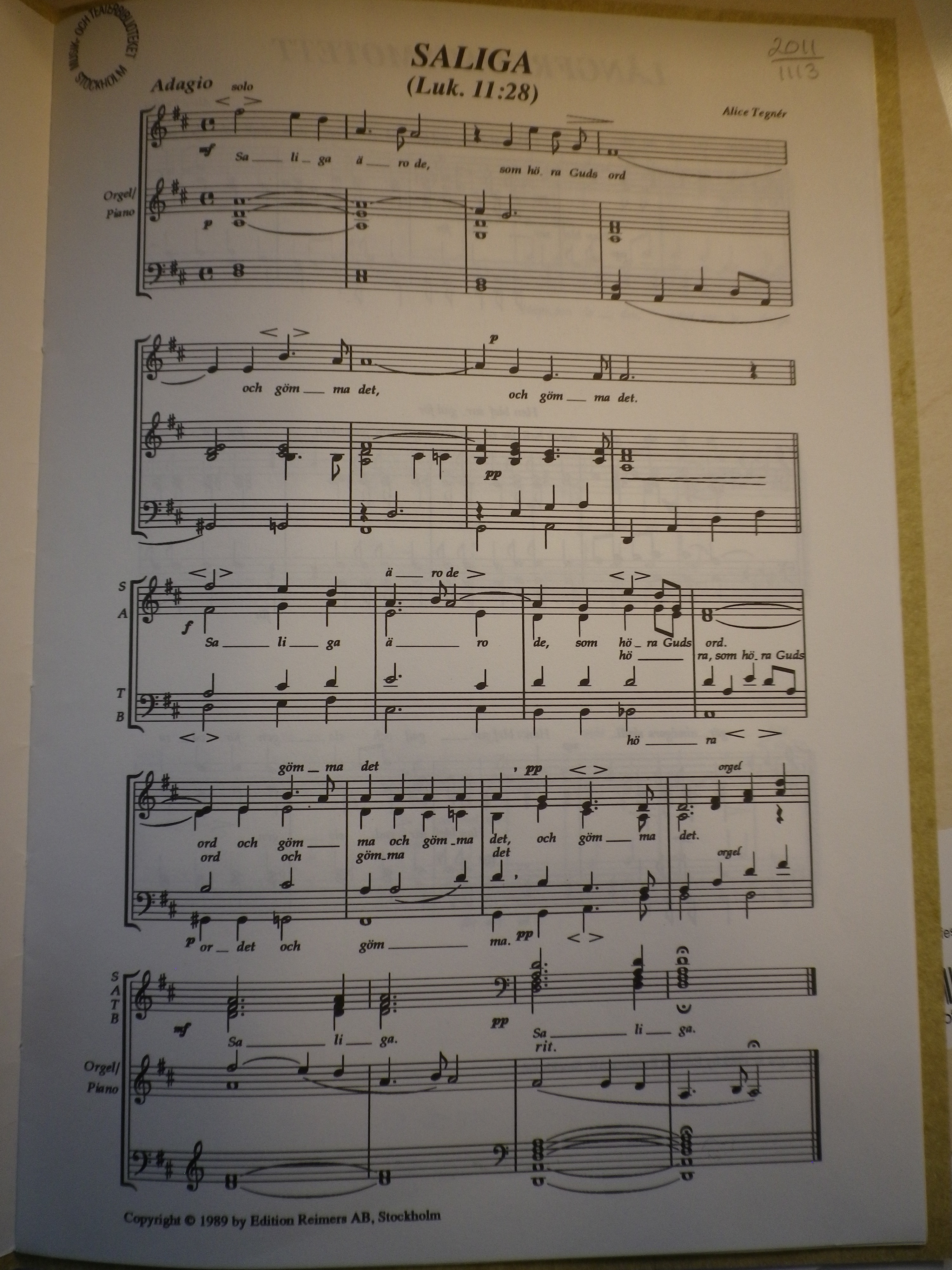 Levande musikarv - Alice Tegnér: Saliga äro de [för blandad kör och orgel]